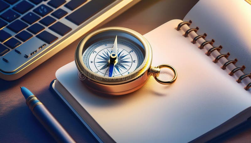Silver Compass Resting on Open Notebook Near Laptop and Pen Stock ...