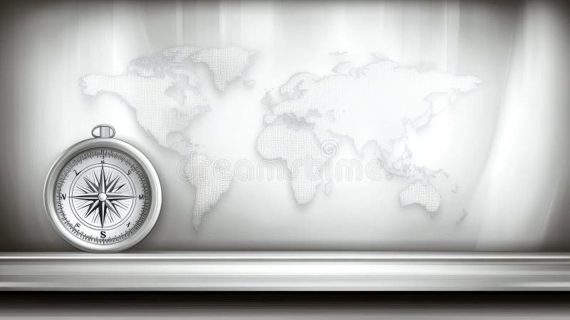 Silver Compass with World Map Background on a Shelf for Navigation ...
