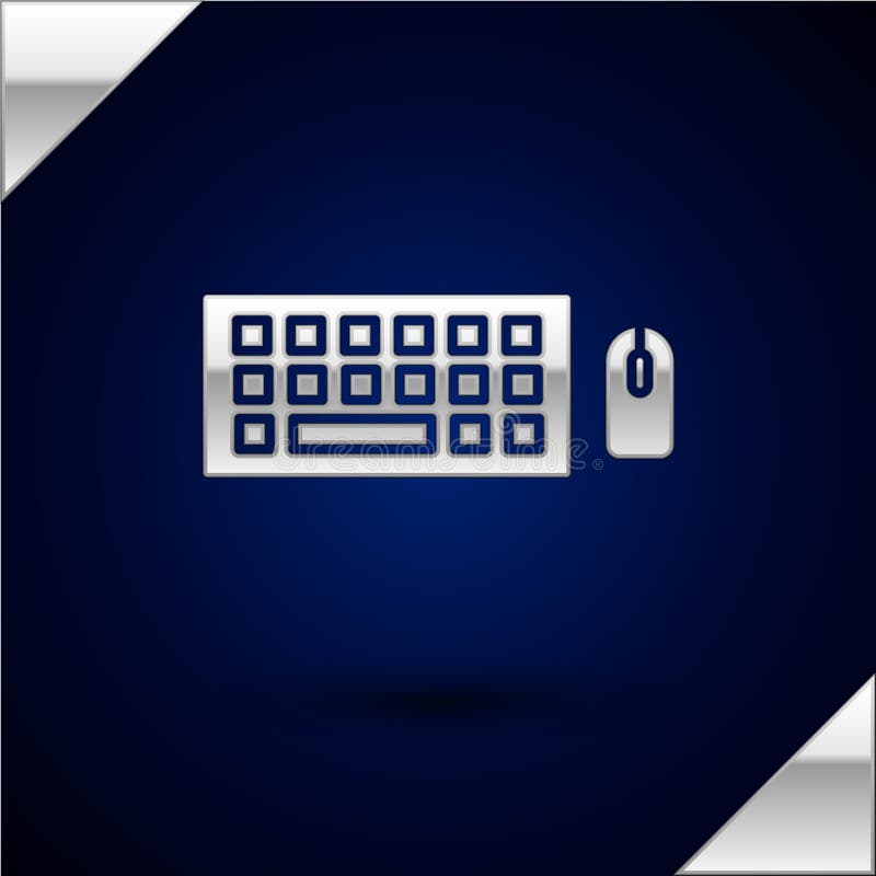 Silver Computer Keyboard and Mouse Icon Isolated on Dark Blue ...