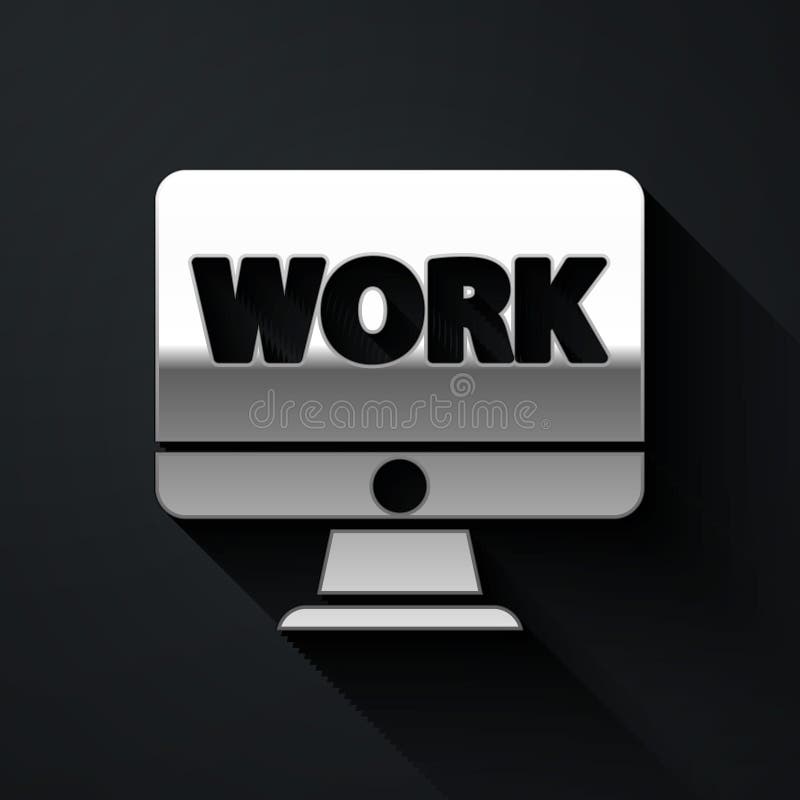 Silver Computer Monitor with Text Work Icon Isolated on Black ...