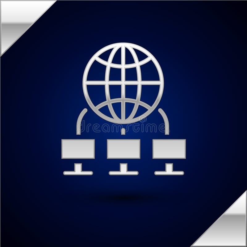 Silver Computer Network Icon Isolated on Dark Blue Background. Laptop ...