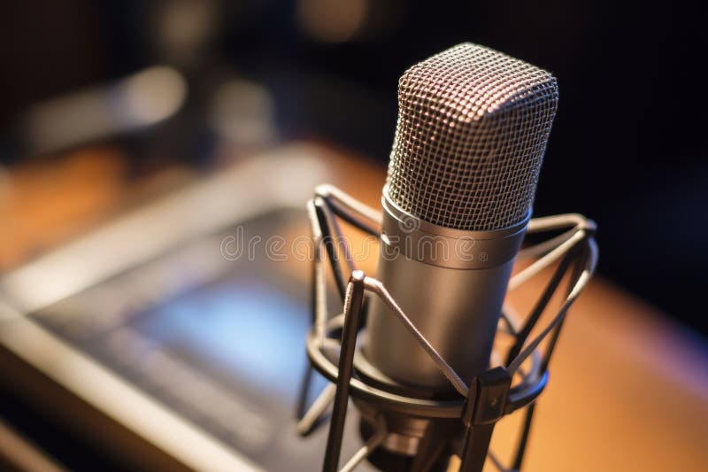 Silver Condenser Microphone with Pop Filter Awaits Use in Recording ...