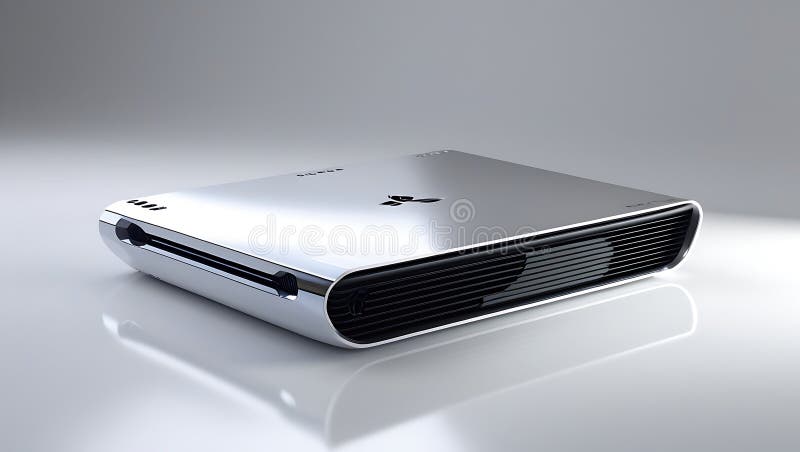 Silver Console Device with Vents and Ports on a Reflective Surface with ...