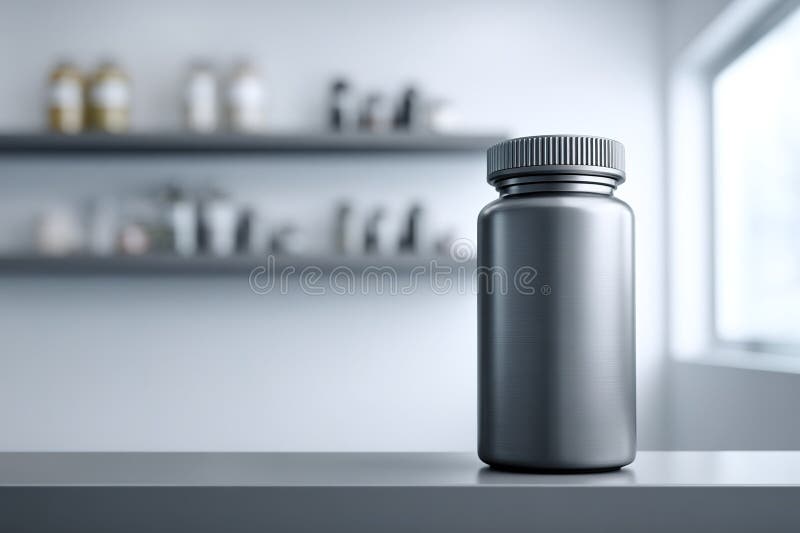 Silver Container Placed on a Modern Countertop with Blurred Shelves in ...