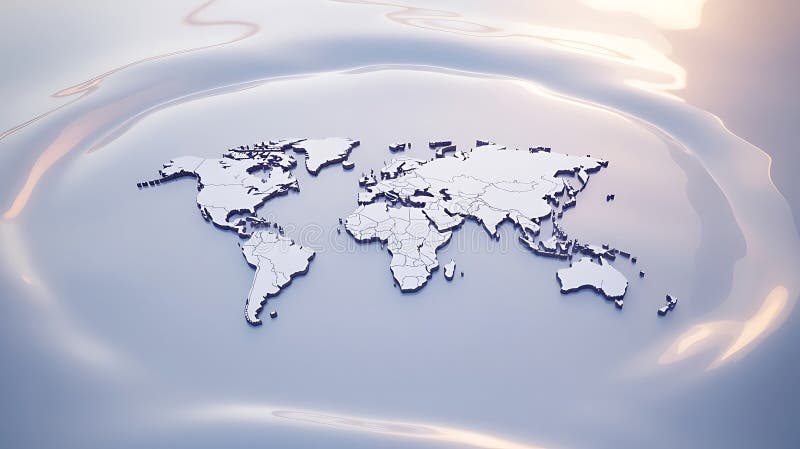 Silver Continents on Reflective Water Surface World Map Stock ...
