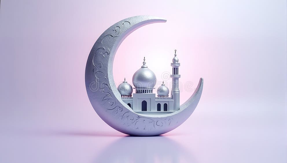 Silver Crescent Moon with Mosque on Soft Lavender Gradient Background ...