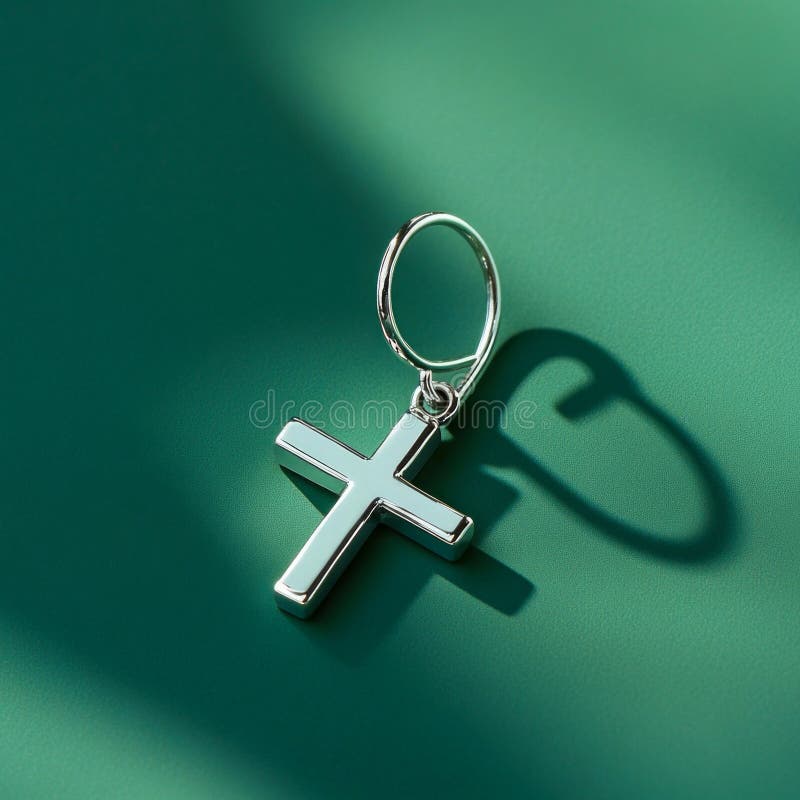 Silver Cross Keychain on Green Background with Dramatic Shadows Stock ...