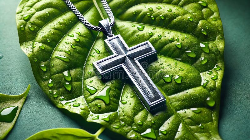 Silver Cross Necklace Lying on a Fresh Green Leaf Stock Illustration ...