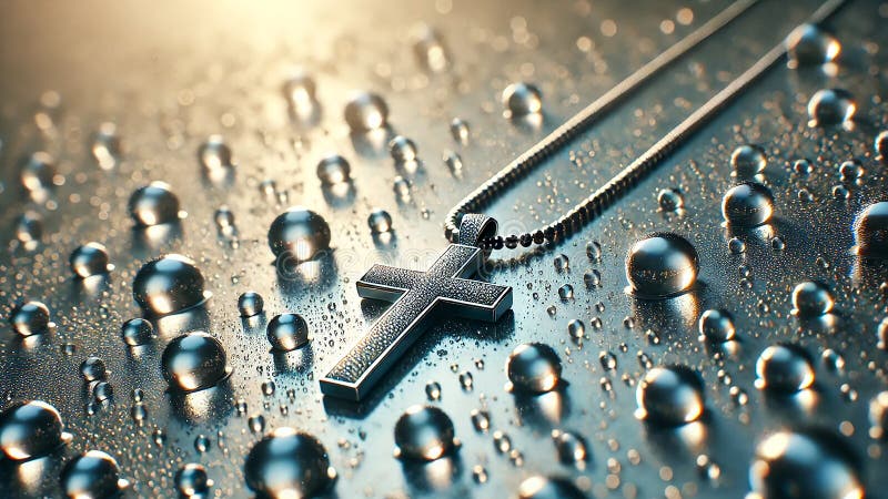 Silver Cross Necklace Lying on a Surface Covered in Morning Dew Stock ...