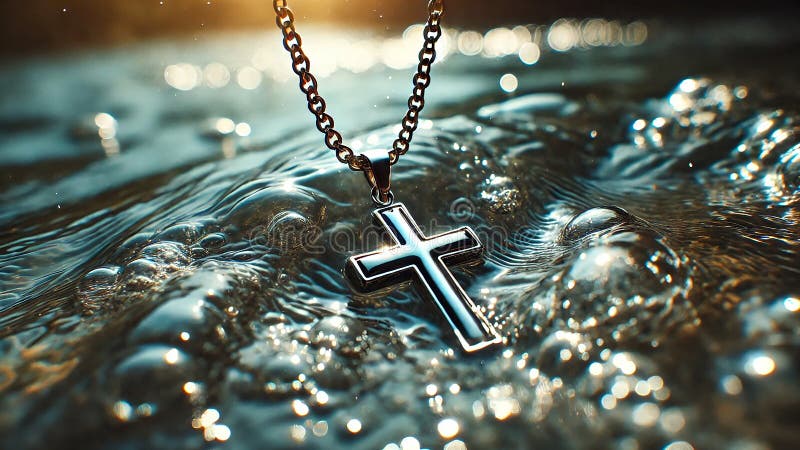 Silver Cross Necklace Partially Submerged in a Clear Stream Stock ...