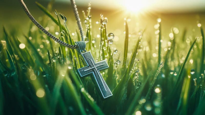 Silver Cross Necklace Resting on Dewy Grass Stock Illustration ...