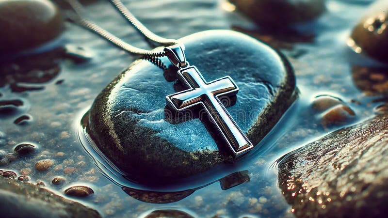 Silver Cross Necklace Resting on a Smooth, Wet River Stone Stock ...
