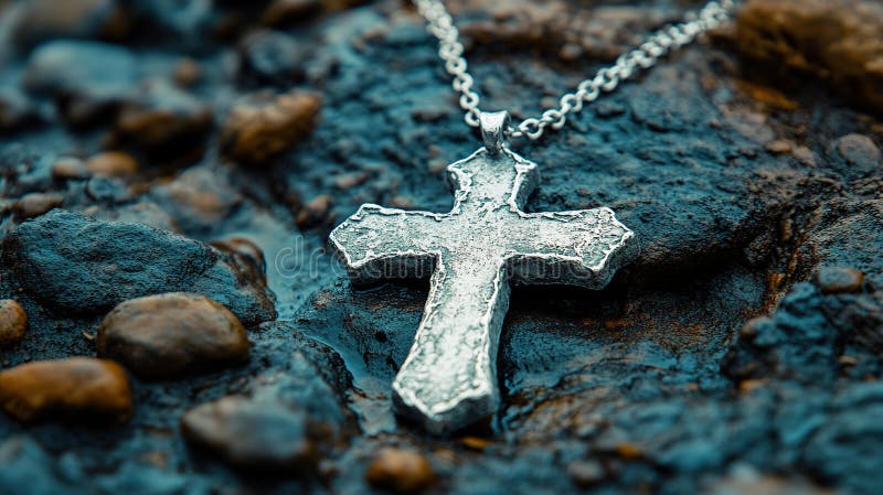 Silver Cross Pendant on Rocks by a Stream Stock Illustration ...
