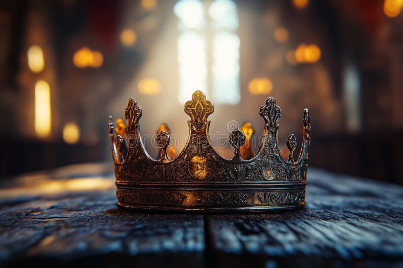 A Silver Crown with Intricate Details Rests on a Rustic Table in a Dim ...