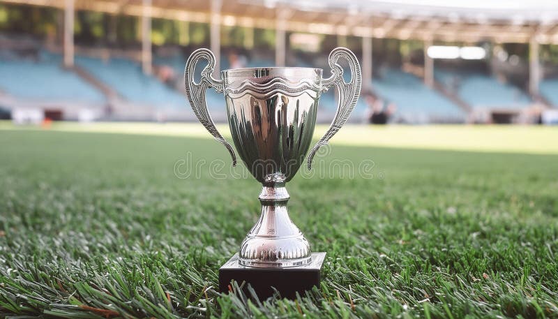 Silver Cup on Stadium, on Green Grass. Sport Trophy. Close-up Stock ...