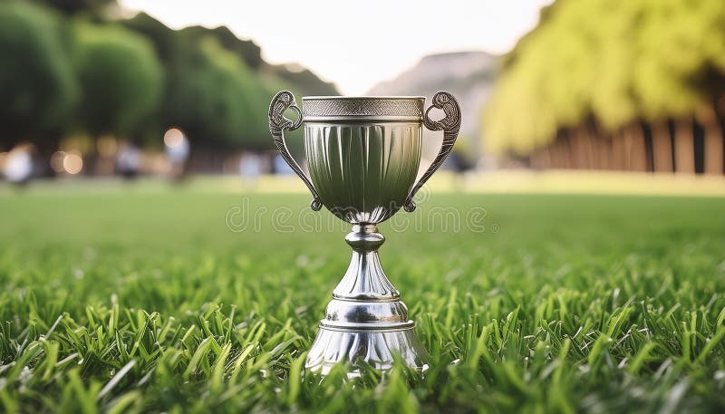 Silver Cup on Stadium, on Green Grass. Sport Trophy. Close-up Stock ...