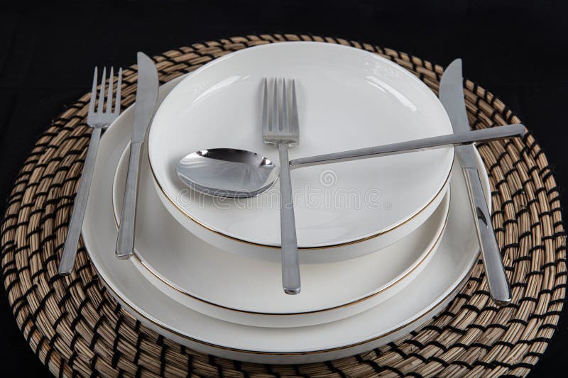 Silver Cutlery, Porcelain Plate, Restaurant Menu Concept. Table Set on ...