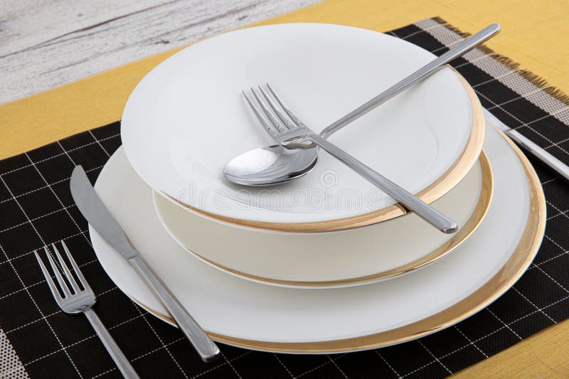 Silver Cutlery, Porcelain Plate, Restaurant Menu Concept. Table Set on ...