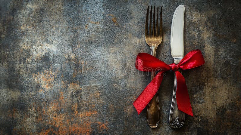 Silver Cutlery with a Red Ribbon on a Textured Background for Festive ...