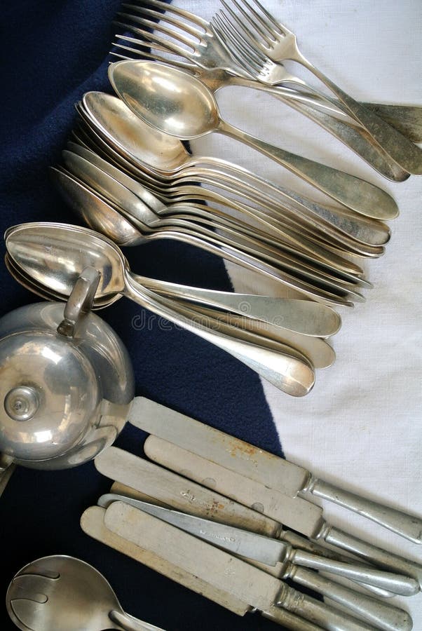 Silver cutlery set stock image. Image of aged, spoon - 77984455