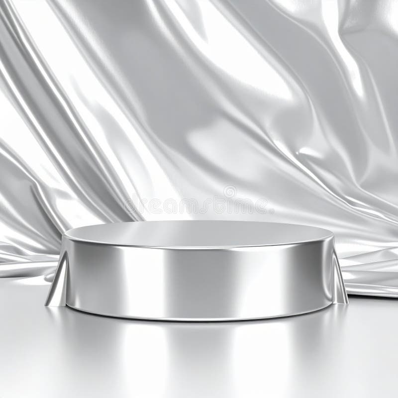 Silver Cylinder Podium on Draped Fabric Background Stock Illustration ...