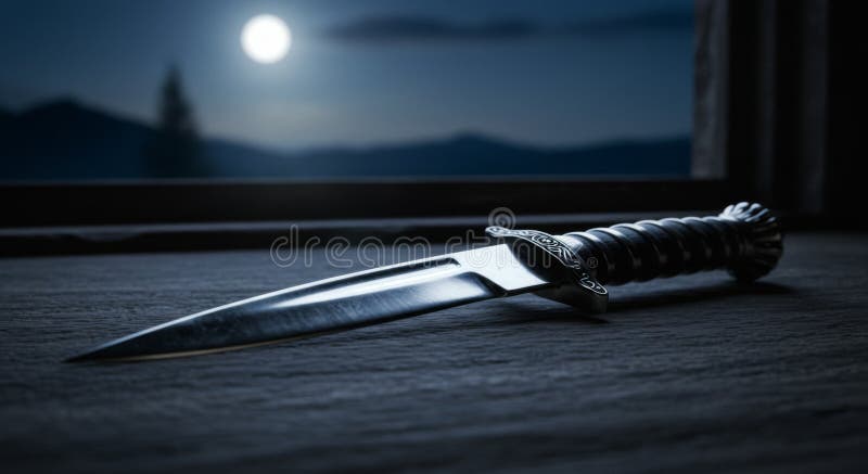 Silver Dagger on Dark Surface at Night with Moonlight Background Stock ...