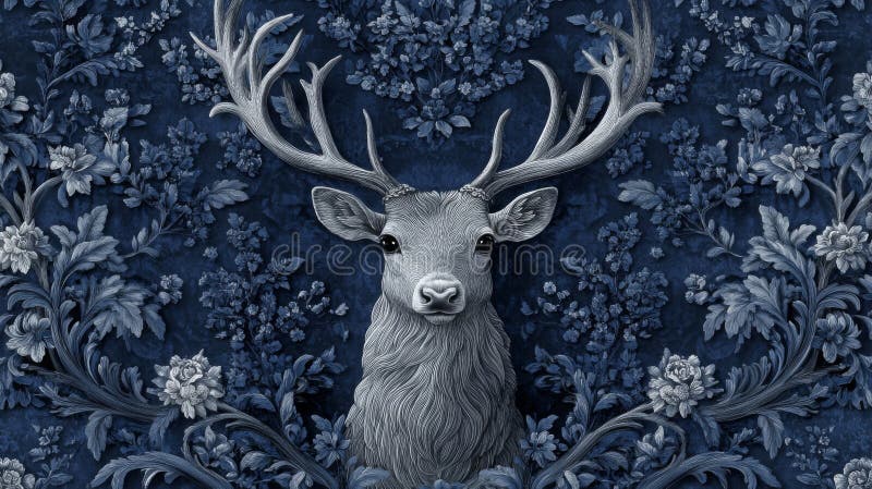 Silver Deer in Blue Floral Damask Pattern Stock Illustration ...