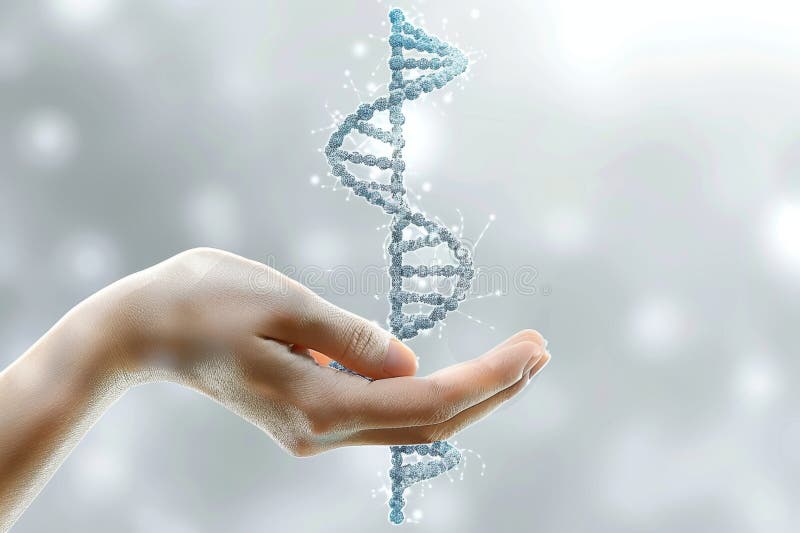 Silver Digital DNA Helix Held in Hand, Glowing Particles, Light ...