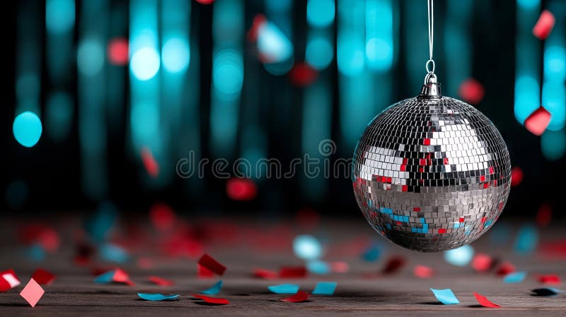 A Silver Disco Ball Hanging from a String with Confetti Falling from it ...