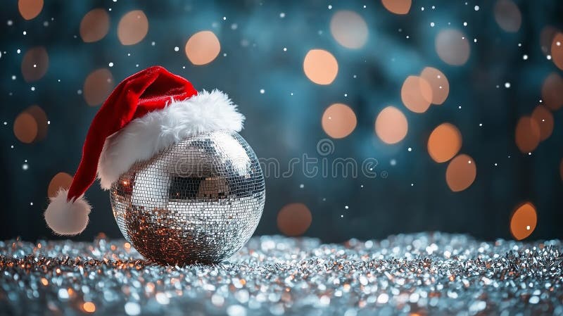 Silver Disco Ball Wearing Santa Hat Hanging on Christmas Tree Stock ...
