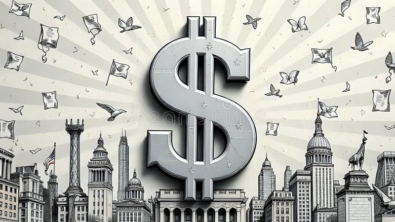 A Silver Dollar Sign Floats Above a Cityscape with Flying Objects ...