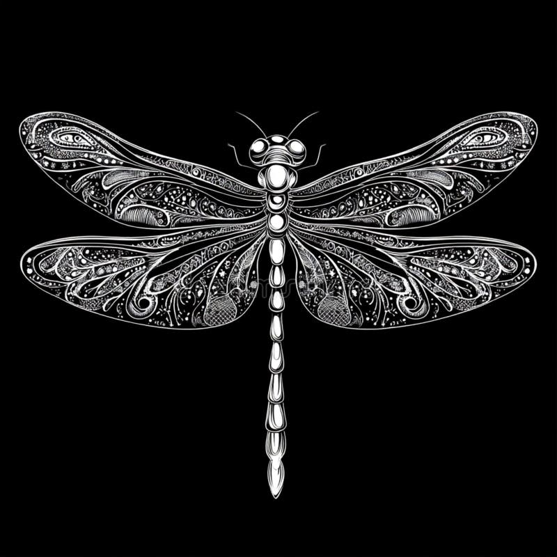 Silver Dragonfly with Patterns on a Black Background Stock Illustration ...