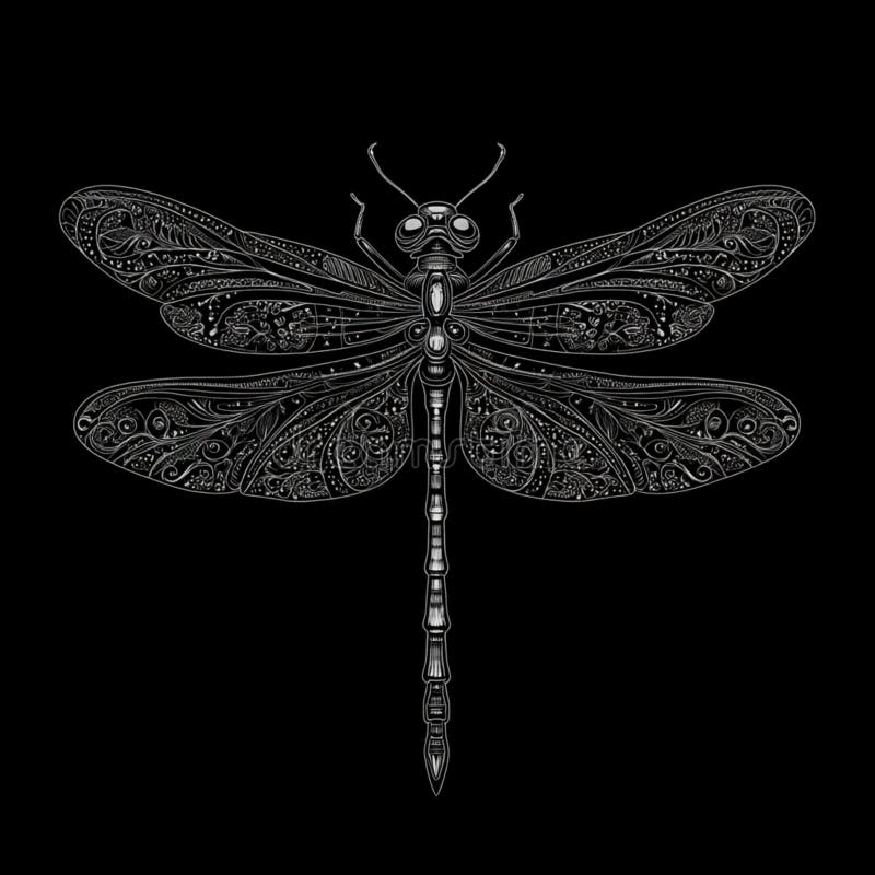Silver Dragonfly with Patterns on a Black Background Stock Illustration ...