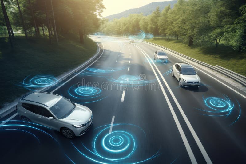 Silver Electric Car Driving Autonomously on Scenic Highway with ...