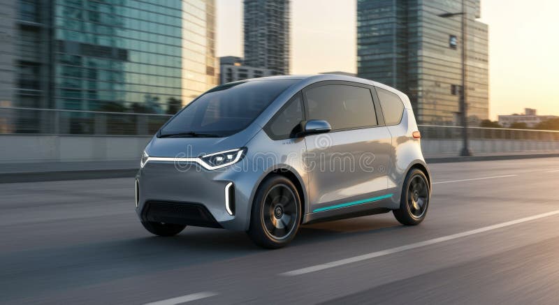 Silver Electric Compact Car on City Street at Sunset Stock Illustration ...