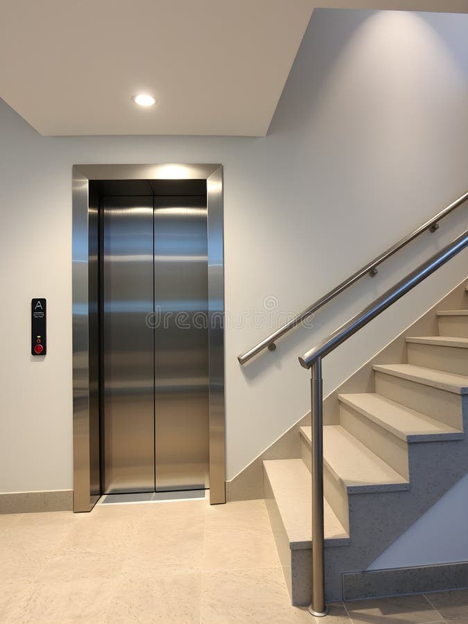 A Silver Elevator with a Red Button on the Left Side Stock Illustration ...