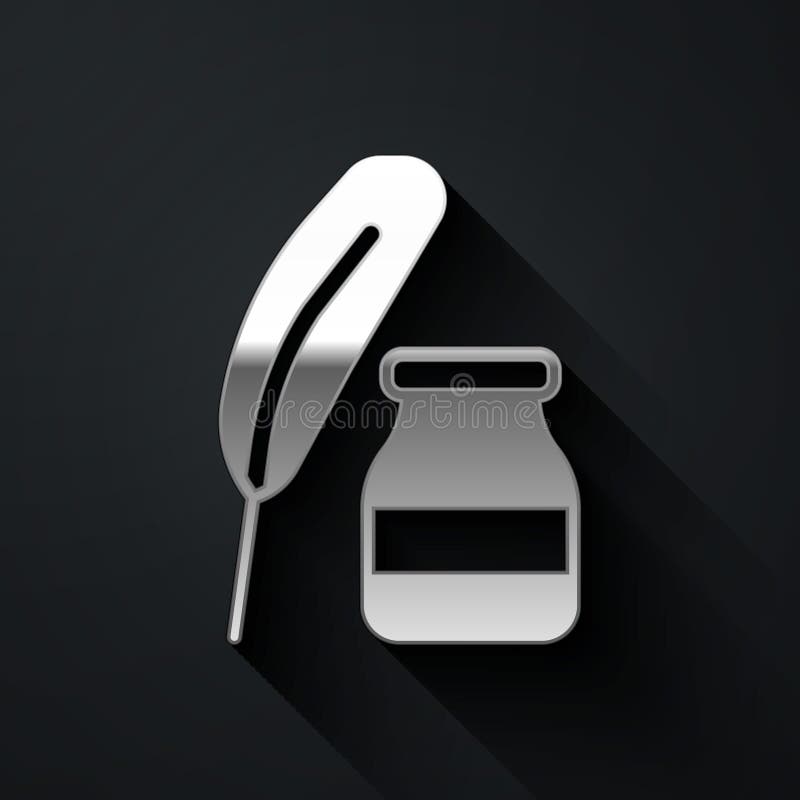 Silver Feather and Inkwell Icon Isolated on Black Background. Long ...