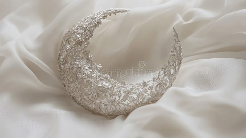 Silver Filigree Crescent Moon on White Fabric Stock Illustration ...