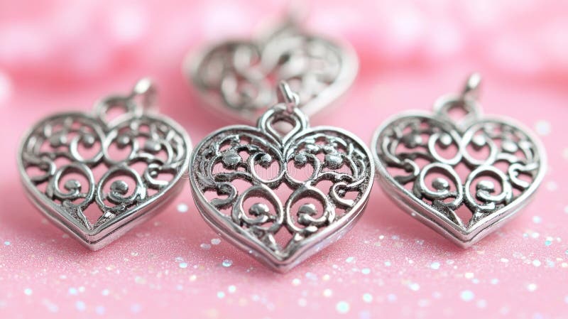 Silver Filigree Heart Charms on Pink Glitter Background Stock ...