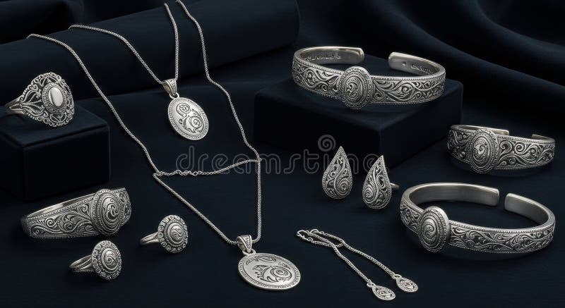 Silver Filigree Jewelry Collection on Black Background Stock ...