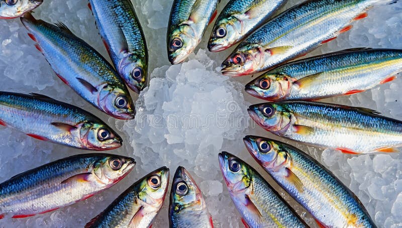 Silver Fish Arranged in a Circular Pattern on Crushed Ice Stock ...
