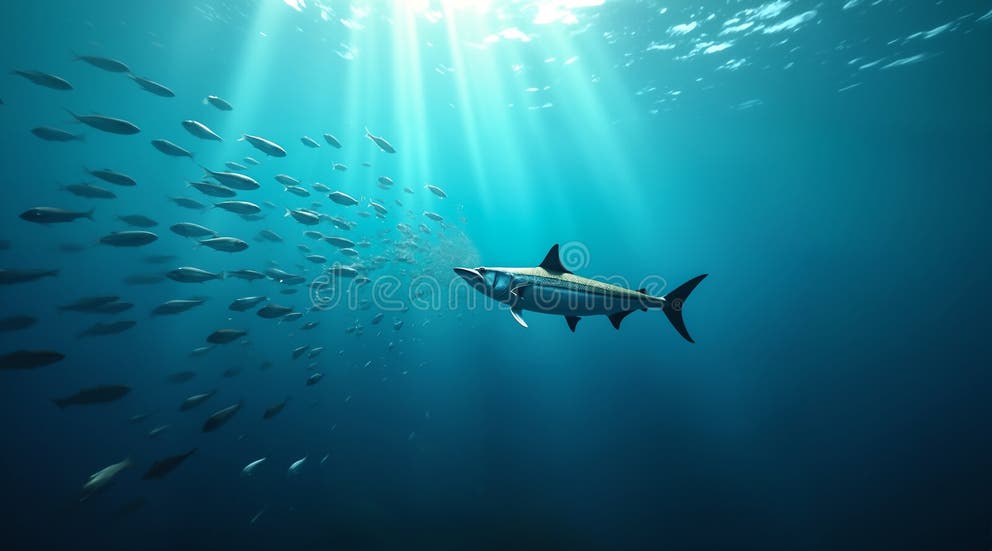 Silver Fish Explode Away from Streamlined Hunter. Generative AI Stock ...