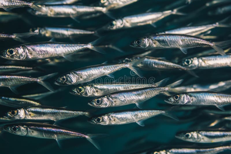 Silver Fish School Swimming Underwater in Ocean Current. Stock Photo ...