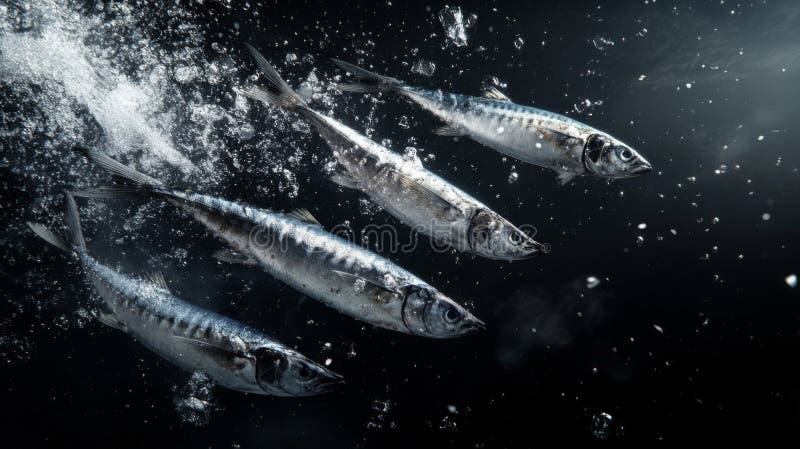 Silver Fish School Underwater Dark Background Stock Illustration ...