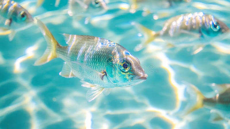 Silver Fish School Underwater in Turquoise Water Stock Illustration ...