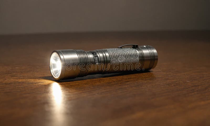 A Silver Flashlight Lies on a Wooden Table with Its Light Shining ...
