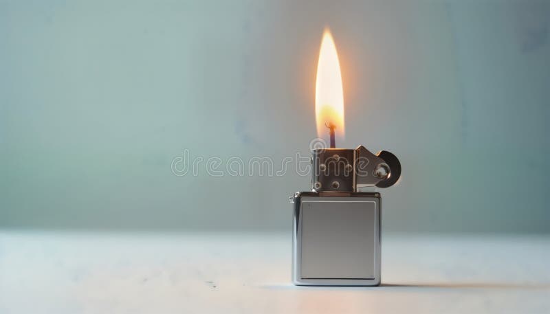 Silver Flip Lighter with Orange Flame. Lighter on Plain Light-colored ...