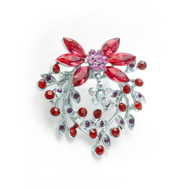 Silver Flower Brooch with Red Diamonds Isolated on White Stock Photo ...