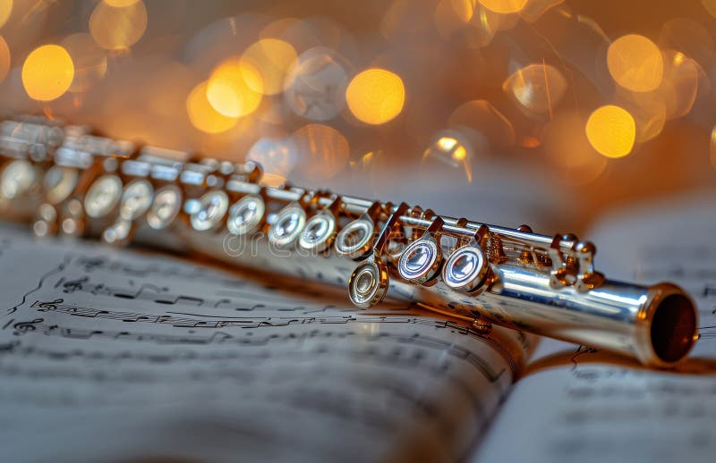 Silver Flute Resting on Sheet Music with Bokeh Lights Stock Image ...