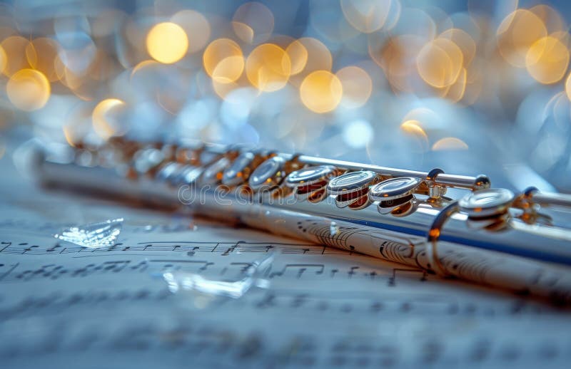 Silver Flute Resting on Sheet Music with Bokeh Lights Stock Photo ...
